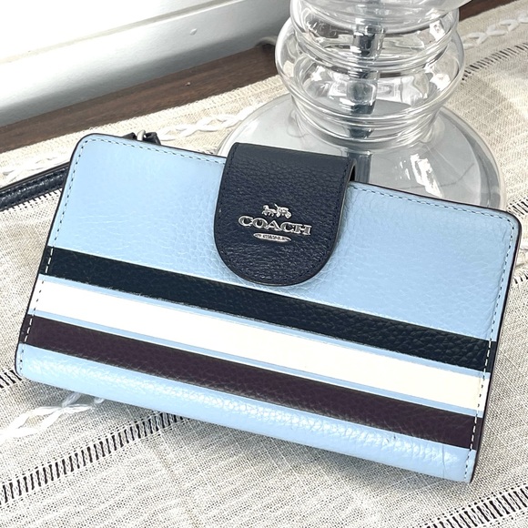 Bags | Coach Phone Wallet In Colorblock With Stripe Blue | Poshmark